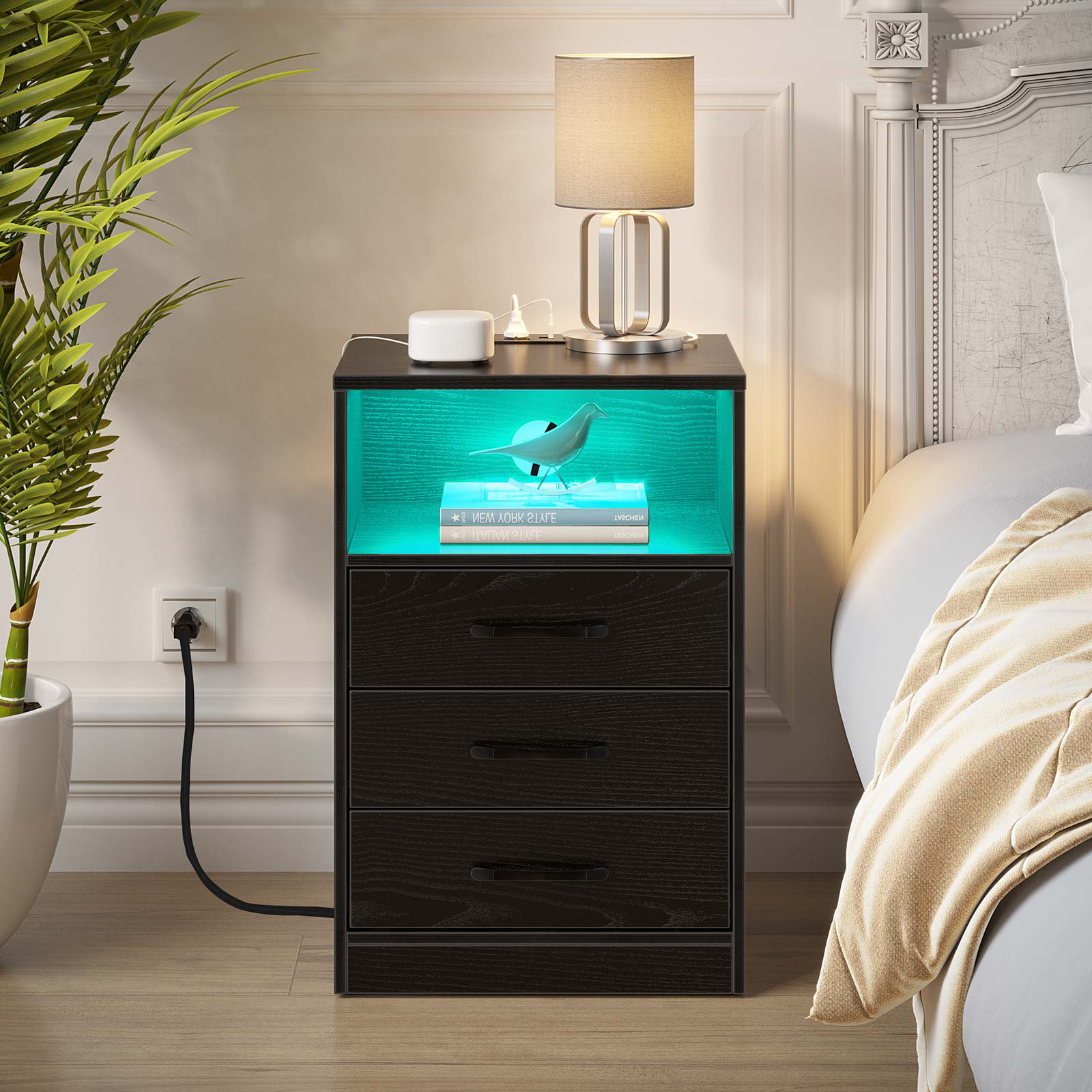 Orren Ellis Nightstand With 3 Drawers Open Storage Wireless Charging and LED Lights Reviews Wayfair